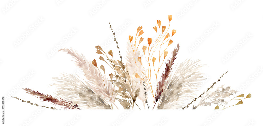 Pampas grass boho border painted in watercolor. Floral neutral colors ...