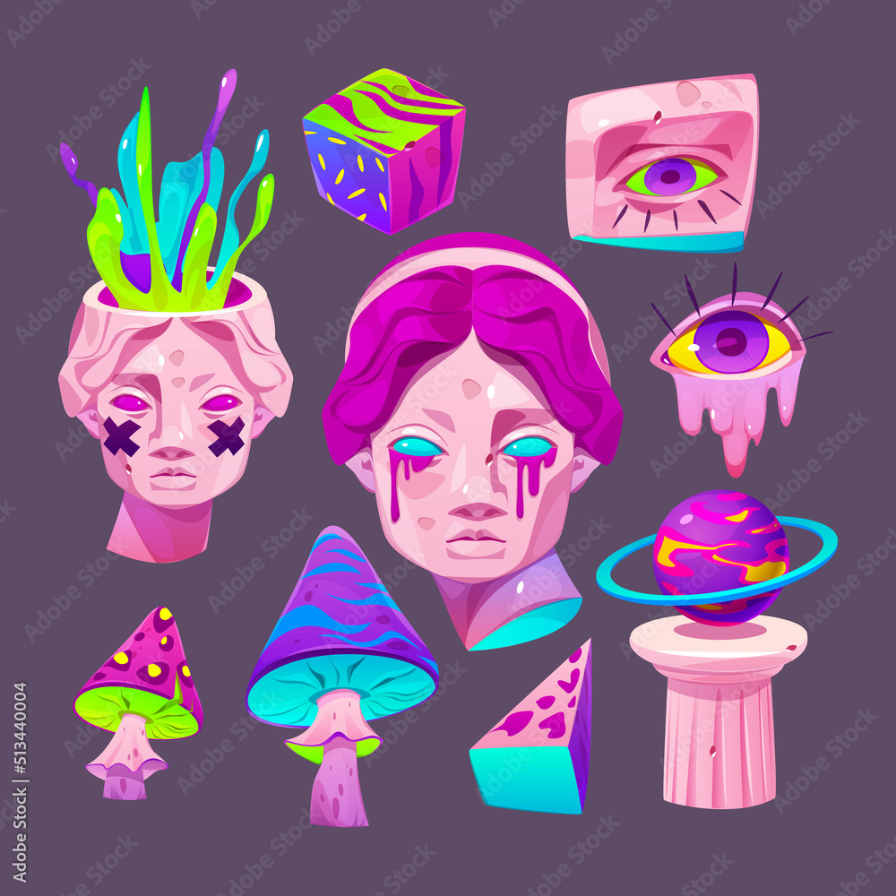 Psychedelic stickers with trendy acid design of greek sculpture. Vector ...