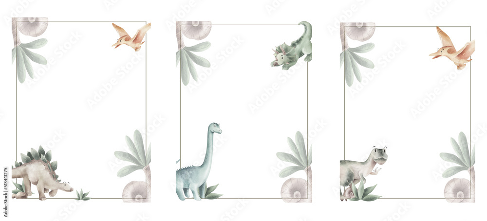 Set of card with watercolor dinosaurs isolated. Stock Illustration ...