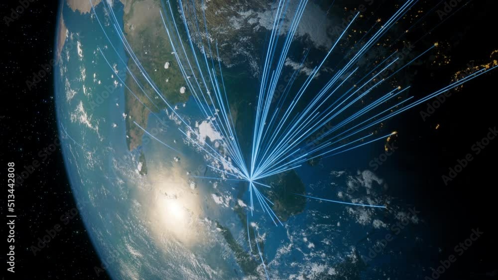 Earth in Space. Blue Lines connect Bangkok, Thailand with Cities across ...