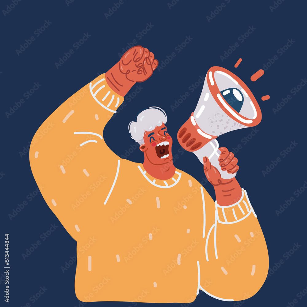 Cartoon vector illustration of young man shouting through a megaphone ...