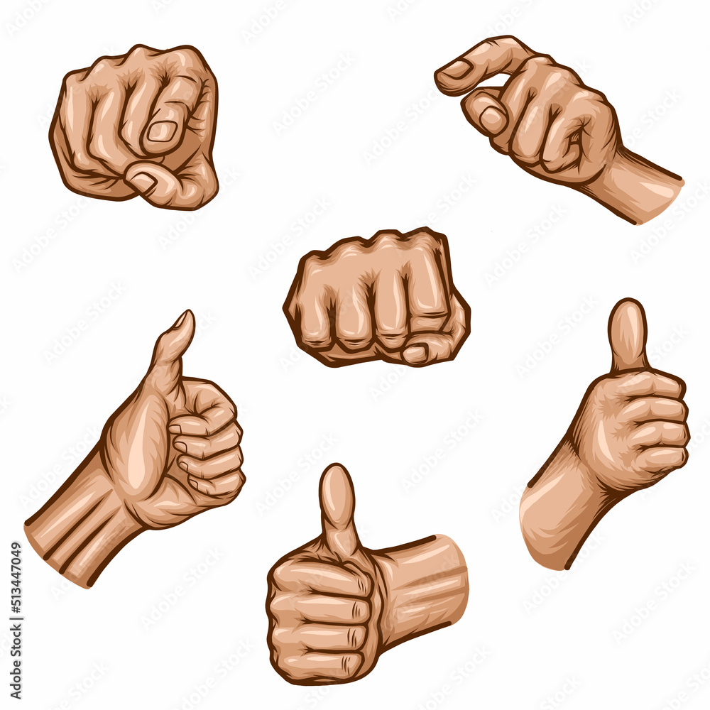 set of hand gestures vector illustration. clenched, pointing, thumbs up ...