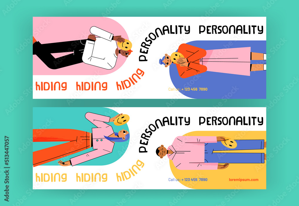 Hiding personality banners with sad people disguise faces behind of ...