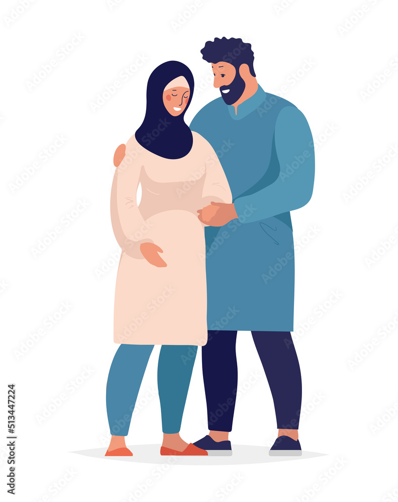 Arab man hugging a pregnant woman in hijab, pregnancy in a muslim ...