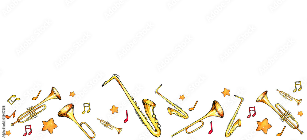 Watercolour border with trumpet, saxophone, notes, stars on white ...