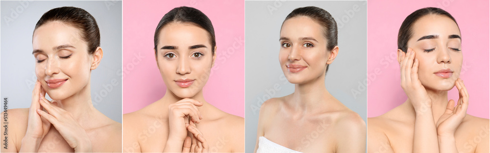 Young beautiful women with perfect skin on different color backgrounds ...