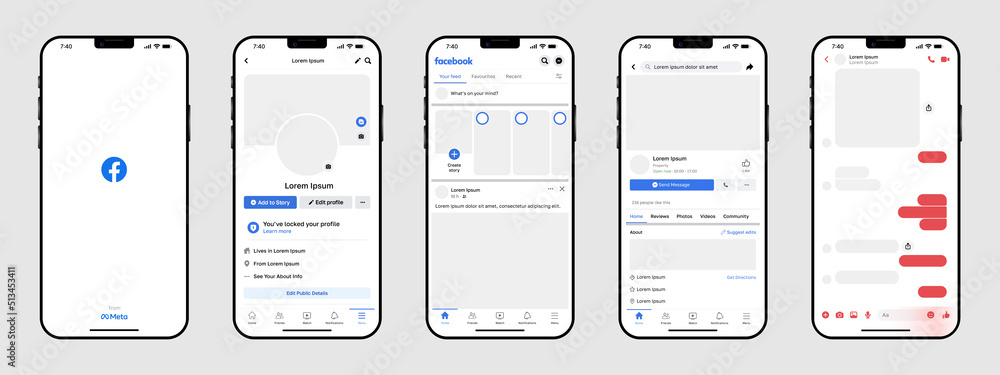 Facebook mockup set. Facebook mobile App interface template on Apple ...