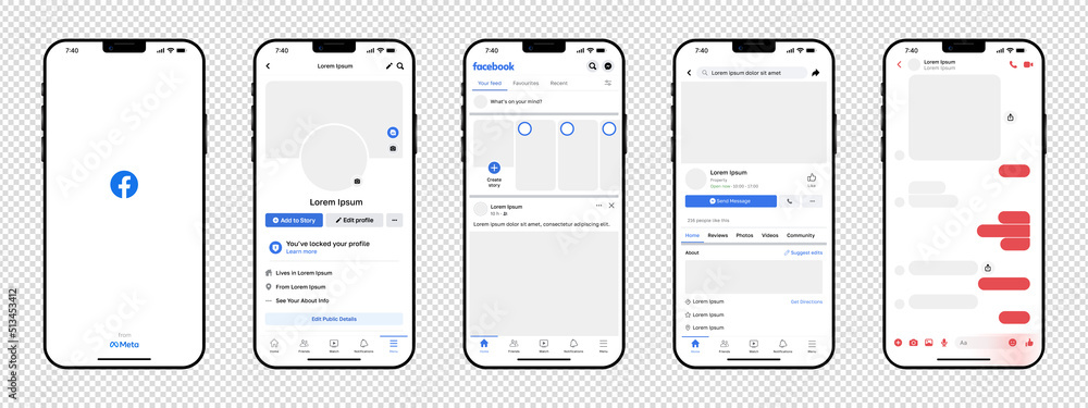 Facebook mockup set. Facebook mobile App interface template on Apple Iphone mockup. Smartphone ...