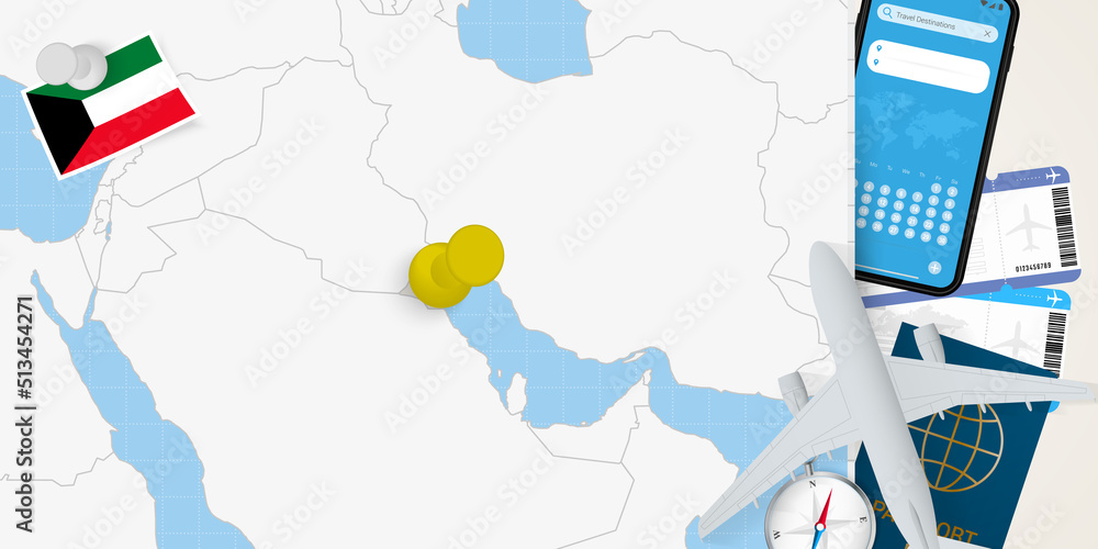Travel to Kuwait concept, map with pin on map of Kuwait. Vacation ...