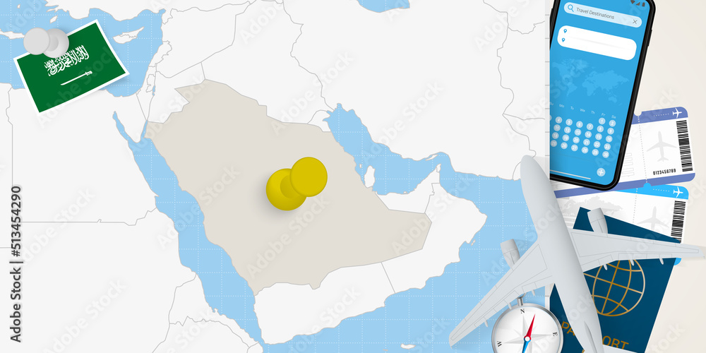 Travel to Saudi Arabia concept, map with pin on map of Saudi Arabia ...
