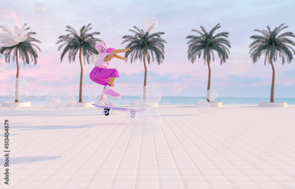 Metaverse avatar girl skateboarding in the virtual summer beach view ...