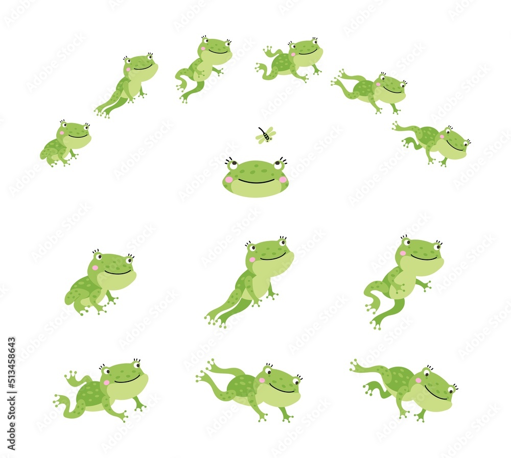 Frog jump. Isolated jumping green frogs, motion process animation ...