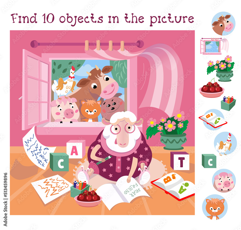 Find 10 hidden objects. Educational game for children. Cute sheep in ...