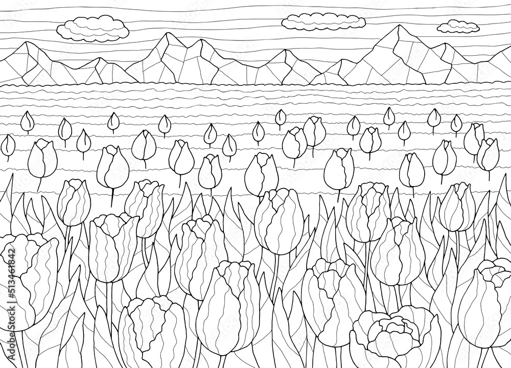Tulip field coloring graphic black white landscape sketch illustration ...