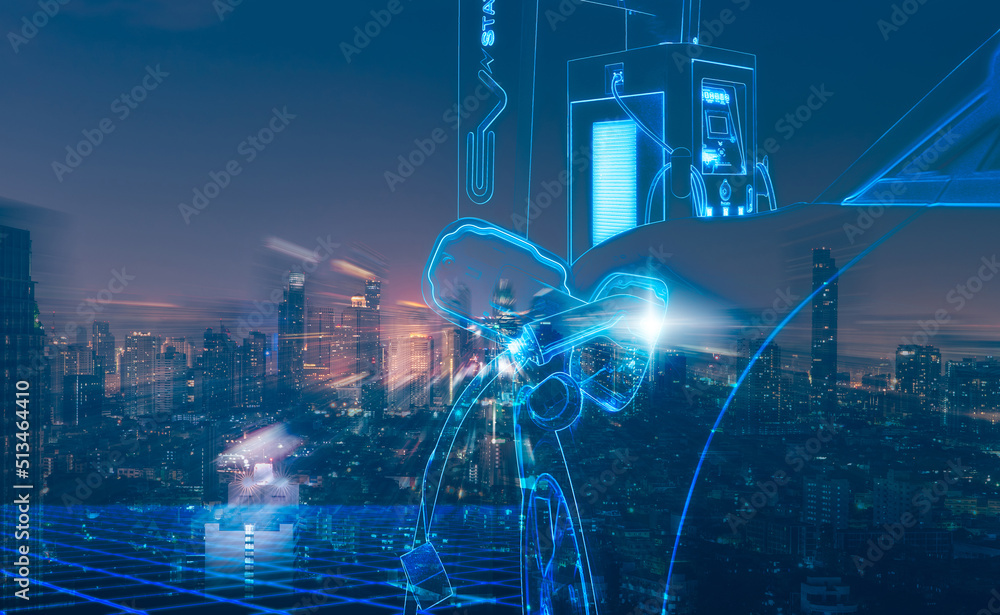 Electric car and EV car charging station with cityscape background in ...