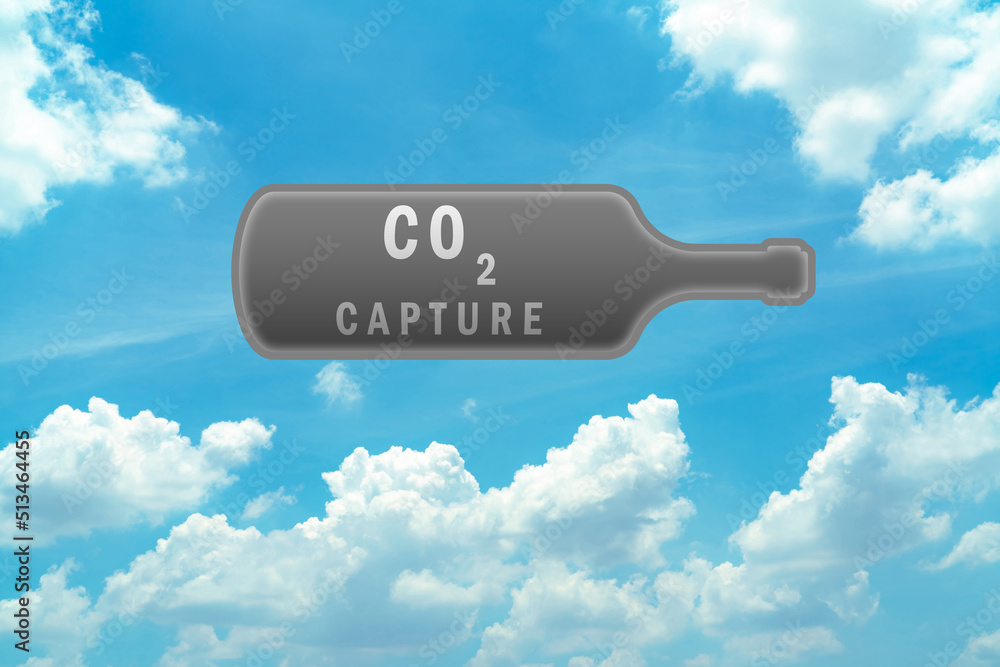 CO2 capture in gray bottle on blue sky and white cumulus clouds. Carbon ...