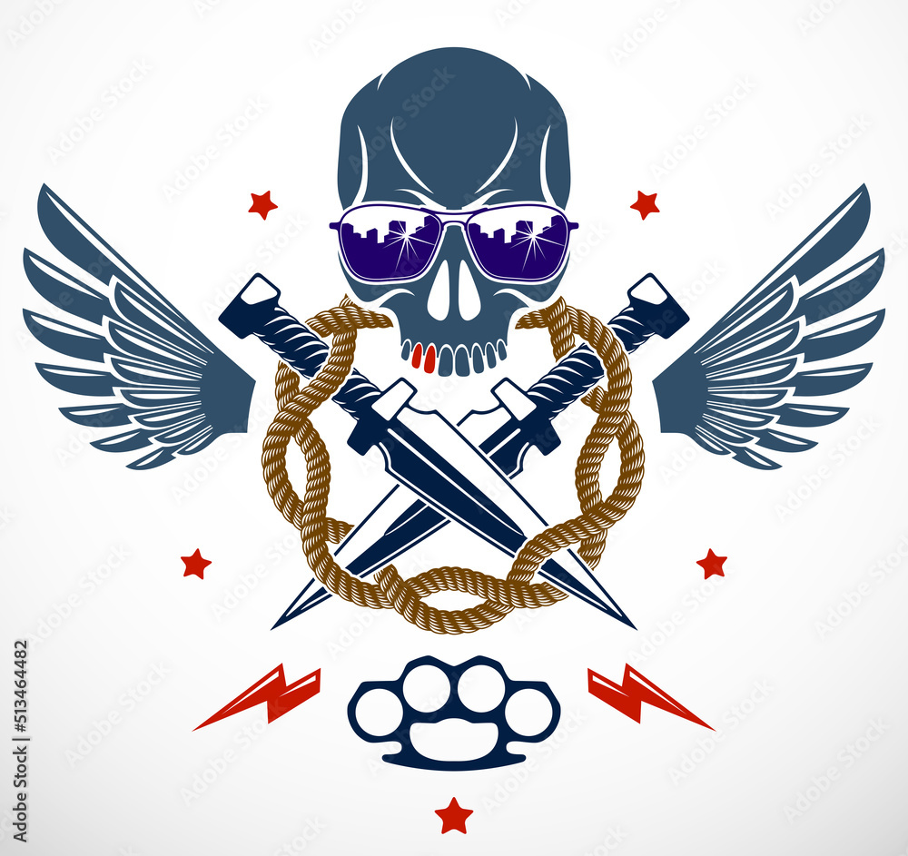 Anarchy and Chaos aggressive emblem or logo with wicked skull, weapons ...