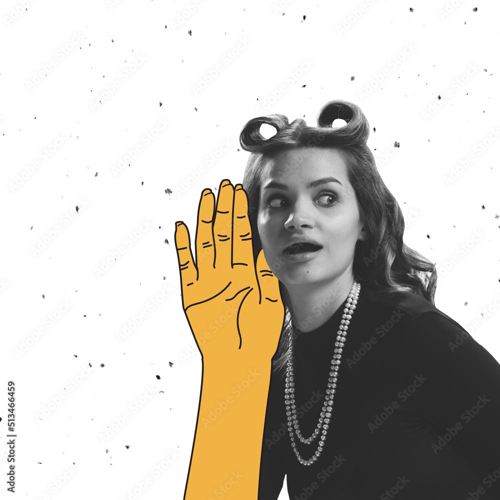 Art collage with young surprised girl in retro, 70s, 80s fashion style ...