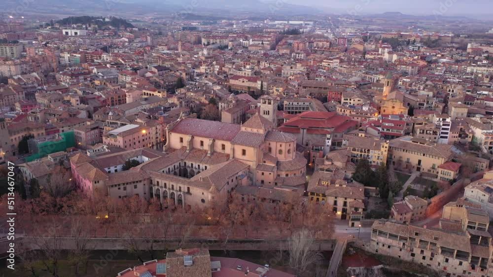View from drone of Spanish town of Vic with tiled roofs of old ...