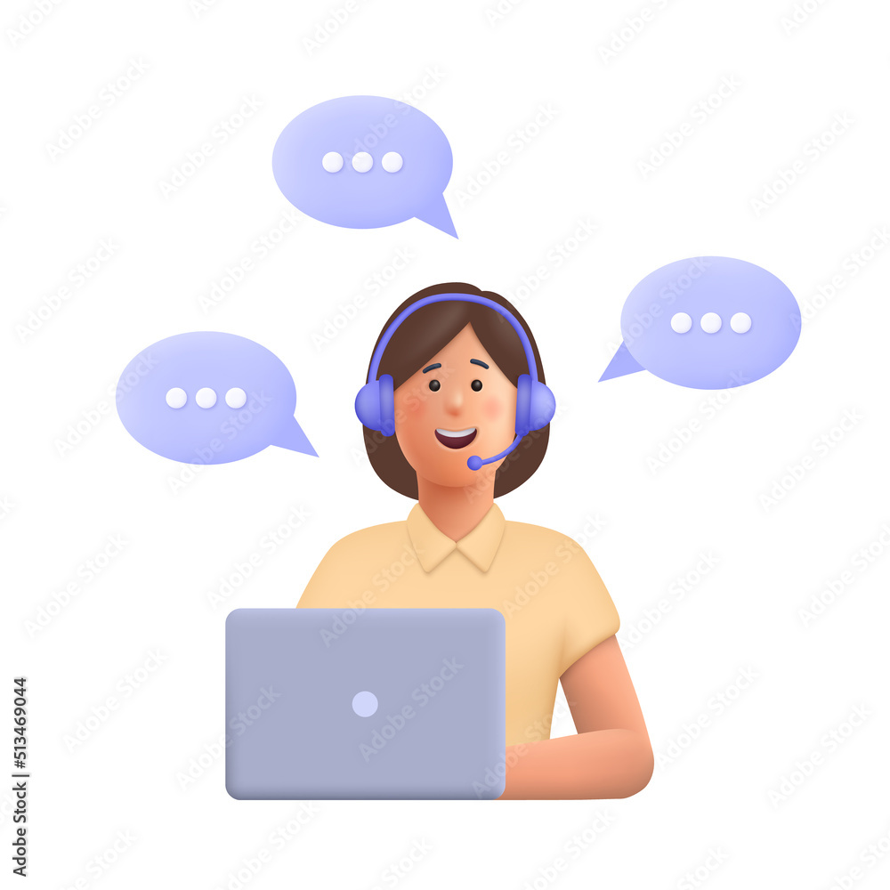 Office operator with headset talking with clients. Customer service, call center, hotline ...
