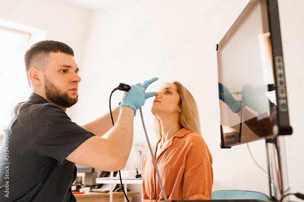 Nose endoscopy. Rhinoscopy procedure with rhinoscope. ENT doctor ...