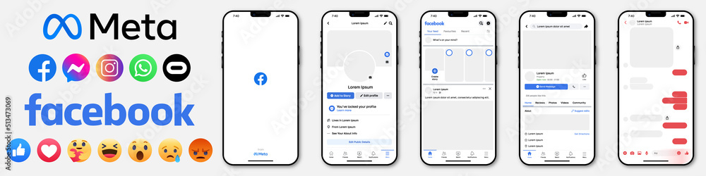 Facebook mockup set. Facebook mobile App interface template on Apple ...