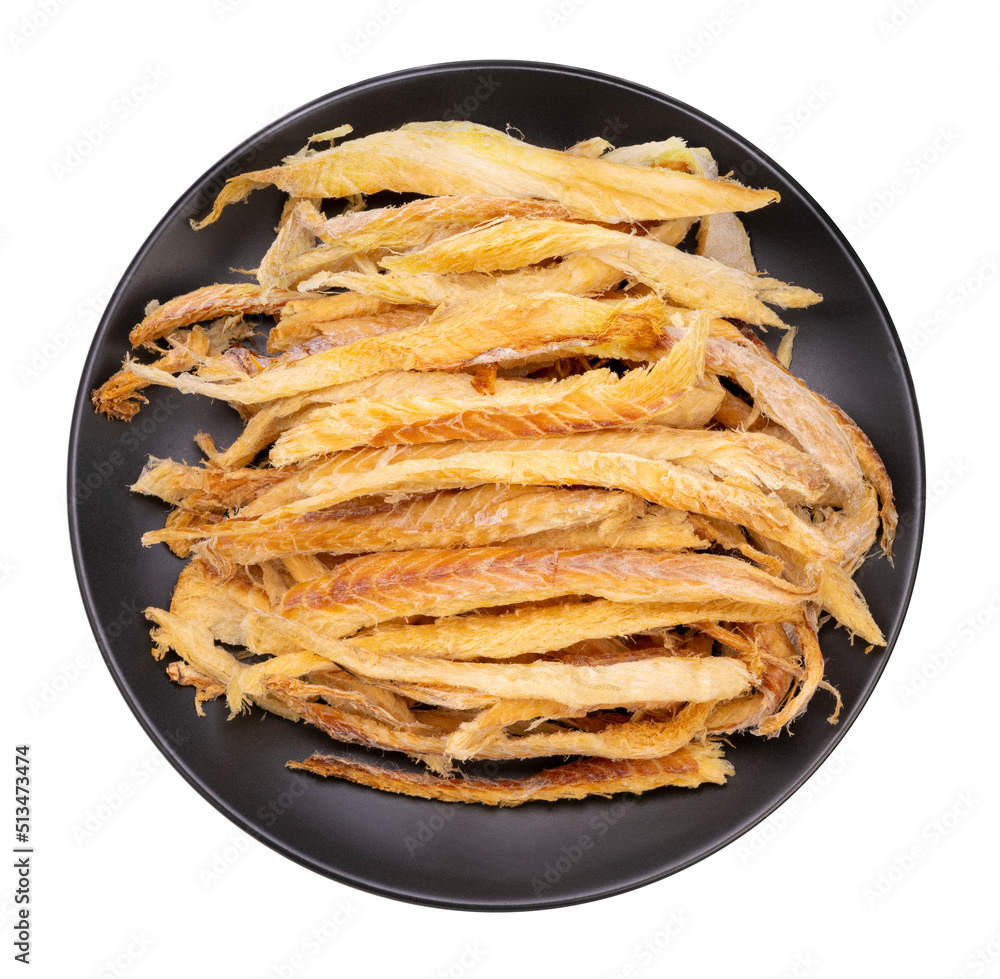 Korean Dried Pollock on white plate isolated on white background, Dried ...