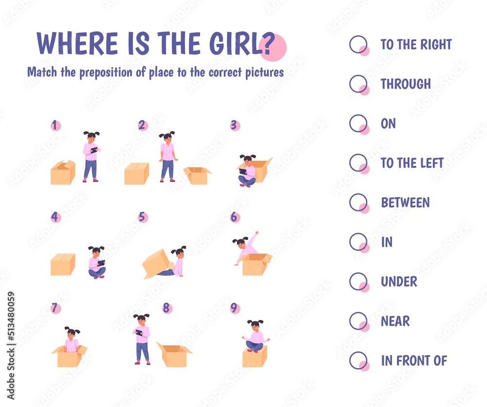 Girl teaches prepositions. Child place on cardboard box direction ...