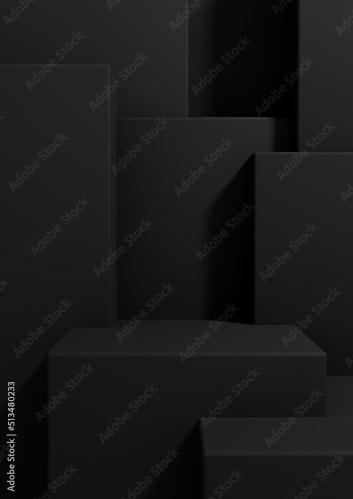 Black, dark gray, black and white 3D rendering product display wallpaper with podium or stand ...