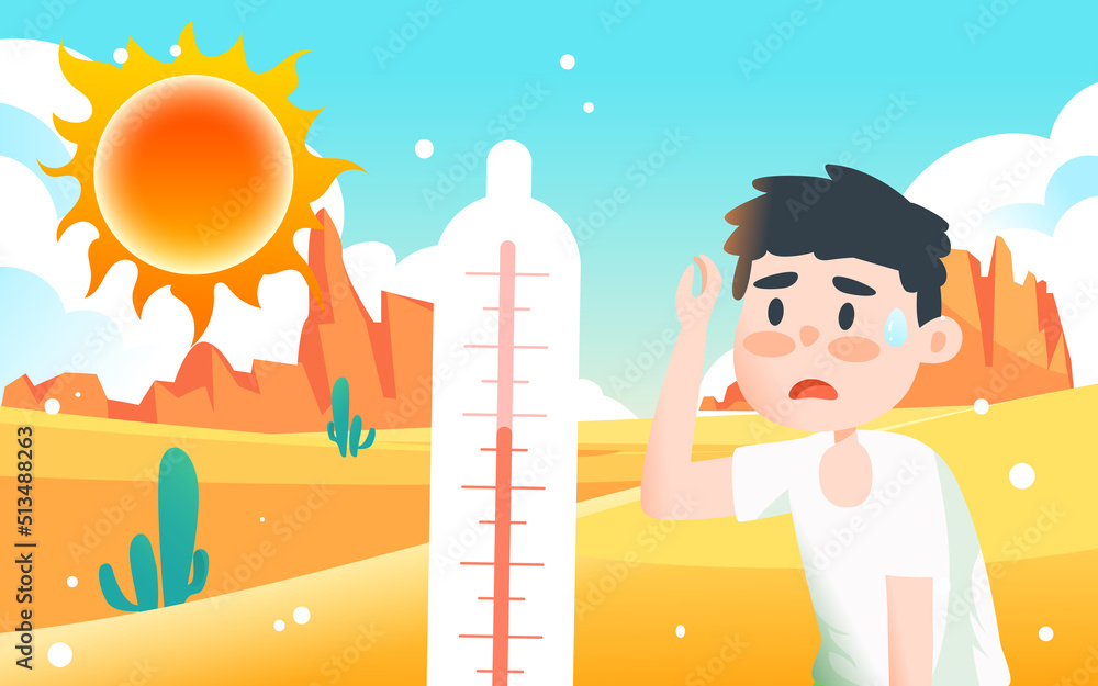 Too hot in summer character heat stroke, high temperature warning, hot ...