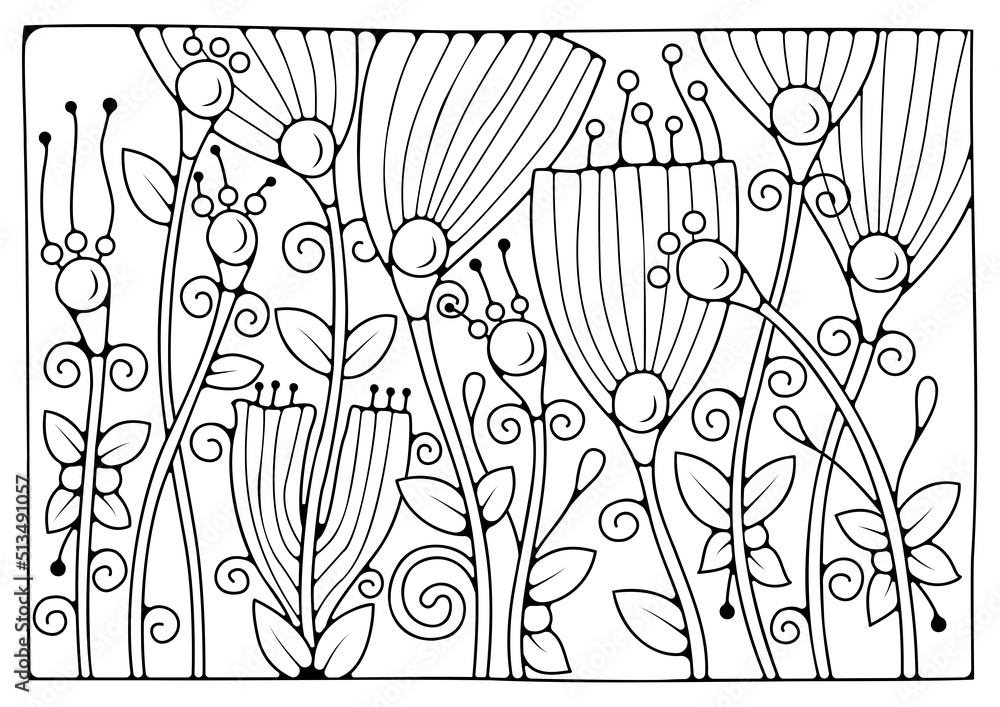 Horizontal coloring page with flowers. Vector background for coloring ...