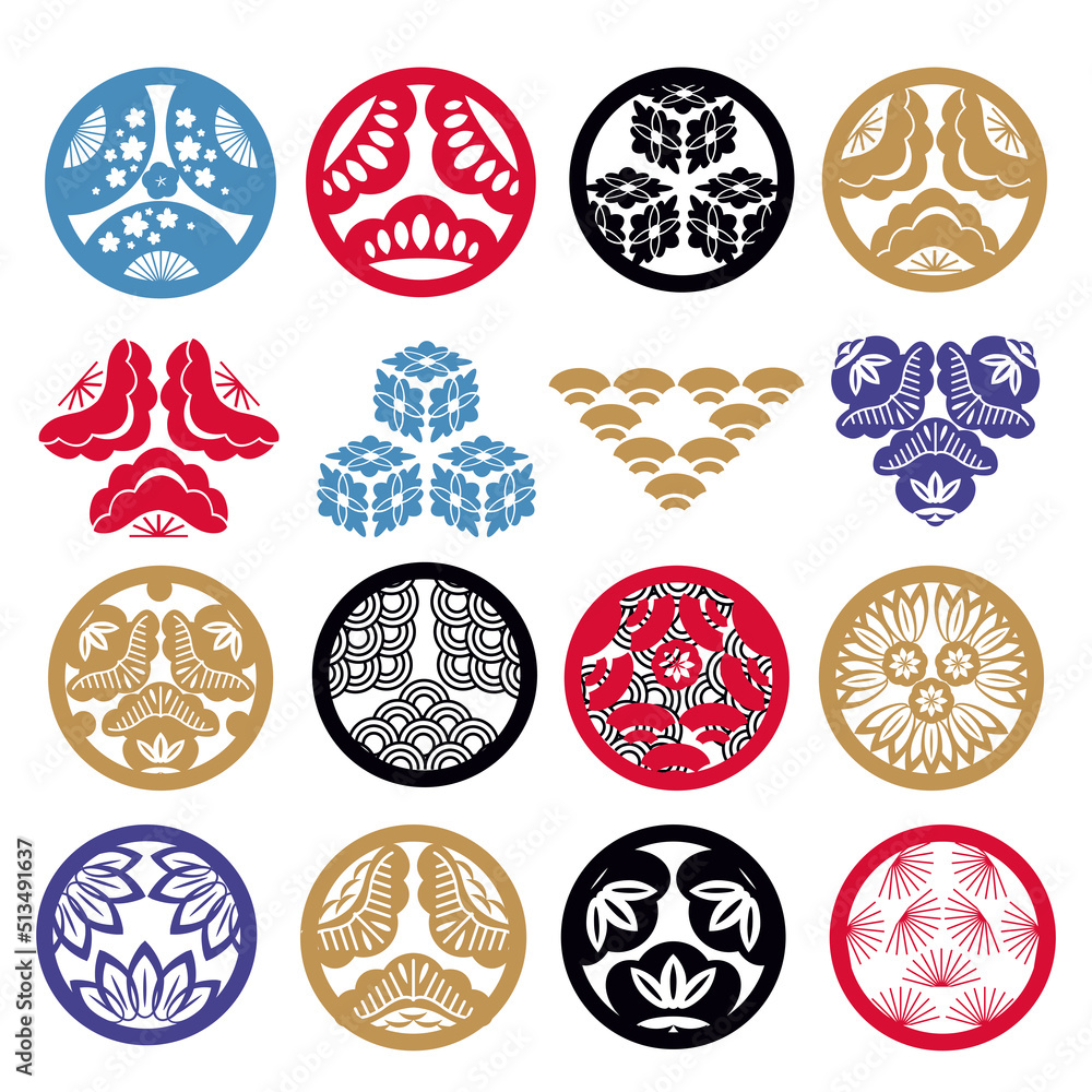 Japanese traditional ornament pattern icons set elements. Plum, sakura ...