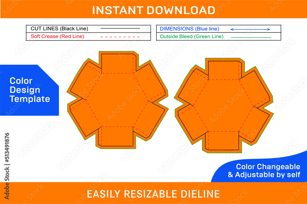 Hexagon gift box or surprise gift box dieline template and 3D box Color ...