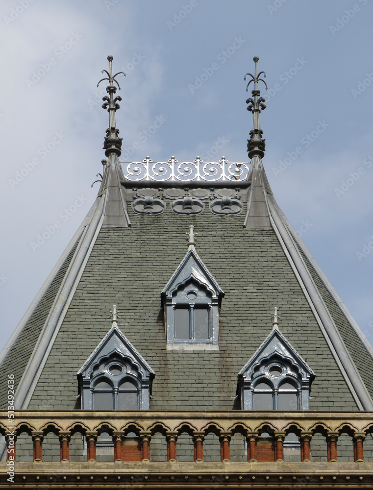 Neo Gothic building with slate roof and dormers. London. United Kingdom ...