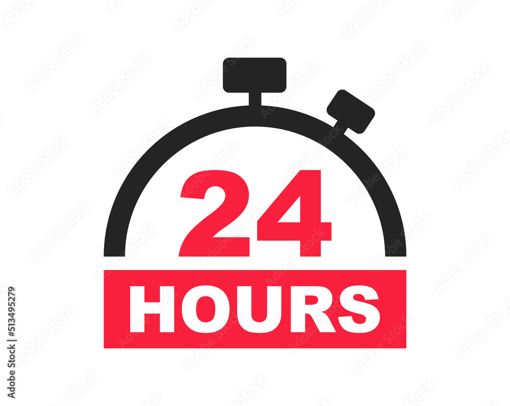 24 hours banner with timer. Twenty four hour open. Label all day ...