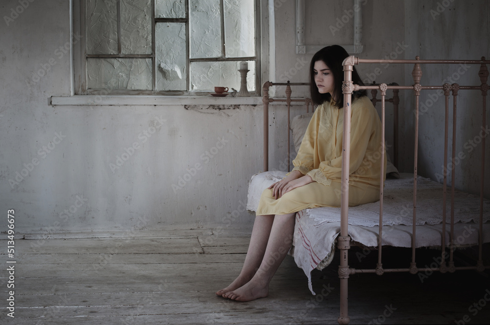 teenage girl in scary locked room, kidnapping, horror movie Stock Photo ...