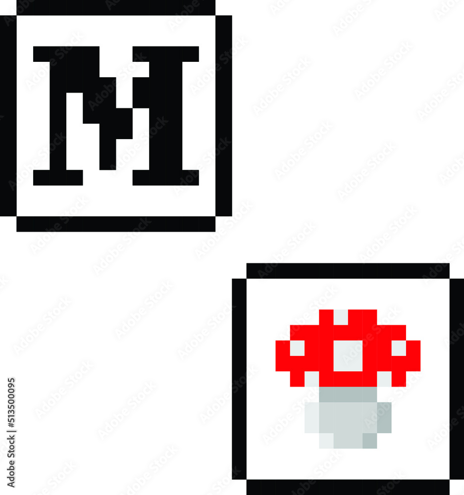 Vector illustration of pixelated letter M and MUSHROOM alphabet card ...