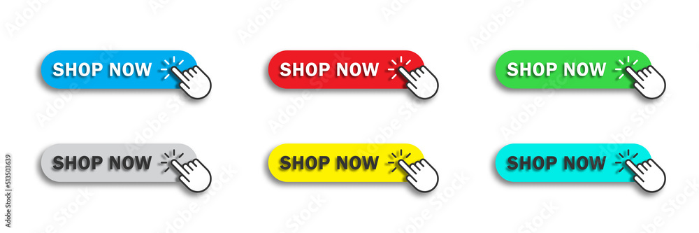 Shop now button with hand cursor. Flat vector illustration. Stock ...