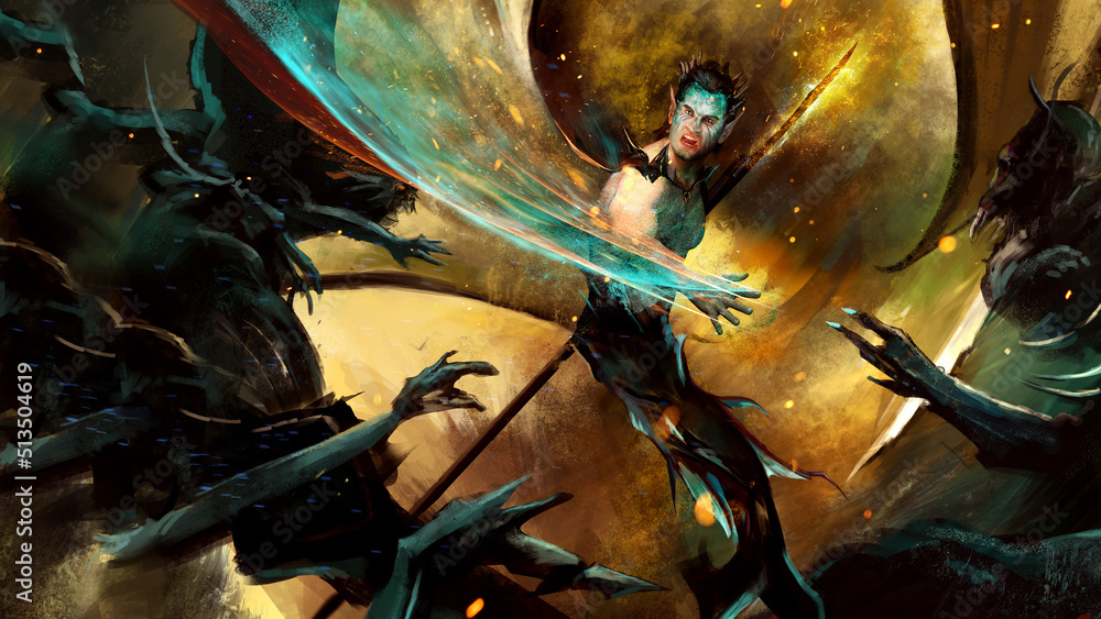 A mermaid warrior holds a magic spear in her hands. he attacks the ...
