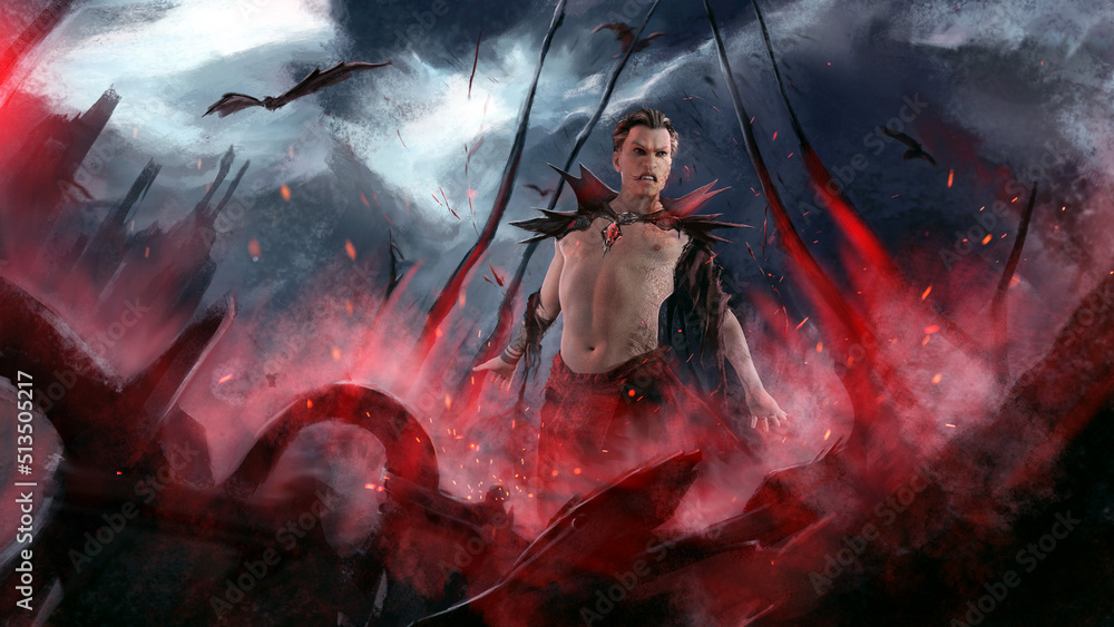 a vampire wizard with a bare torso, dressed in torn clothes, stands in ...