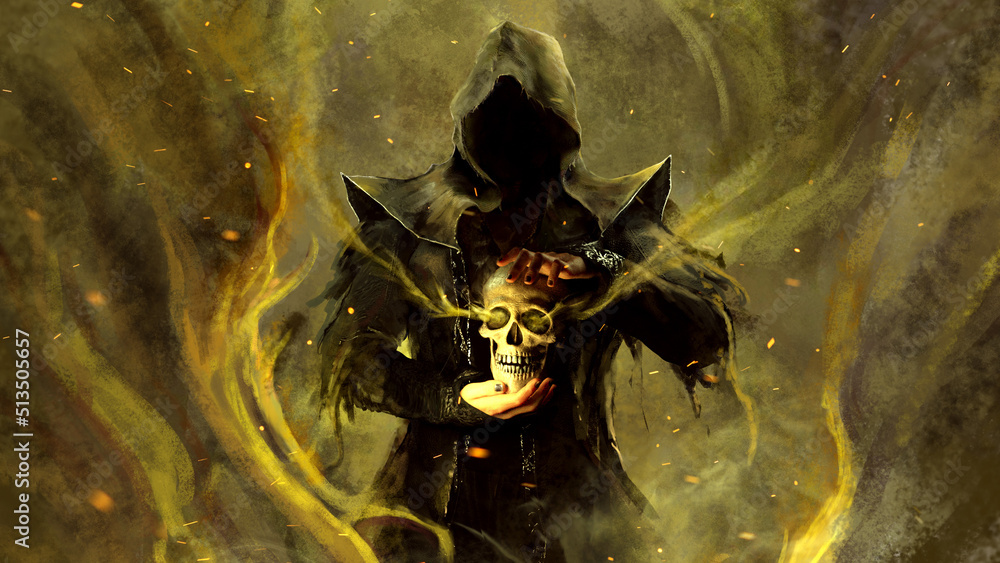 An evil dark magician in a hood holds a ritual skull in his hands ...
