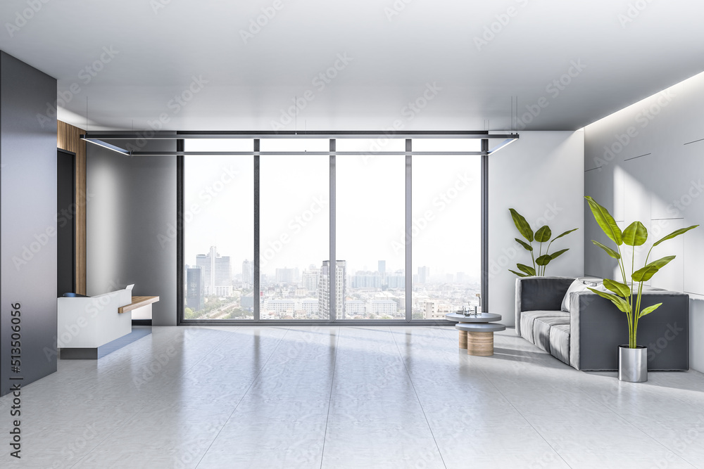 Great city view from panoramic window in spacious sunlit office hall ...
