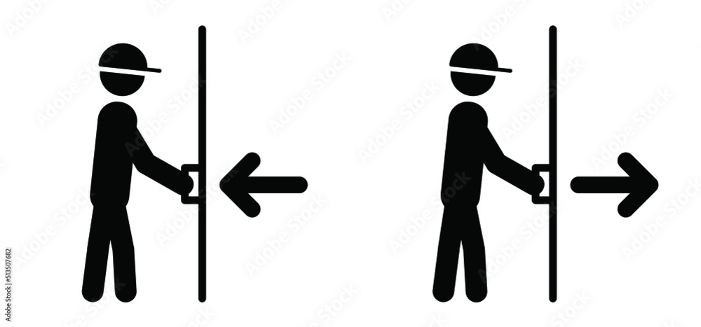 Push and pull door to open and exit icon or symbol, Stickman, stick ...