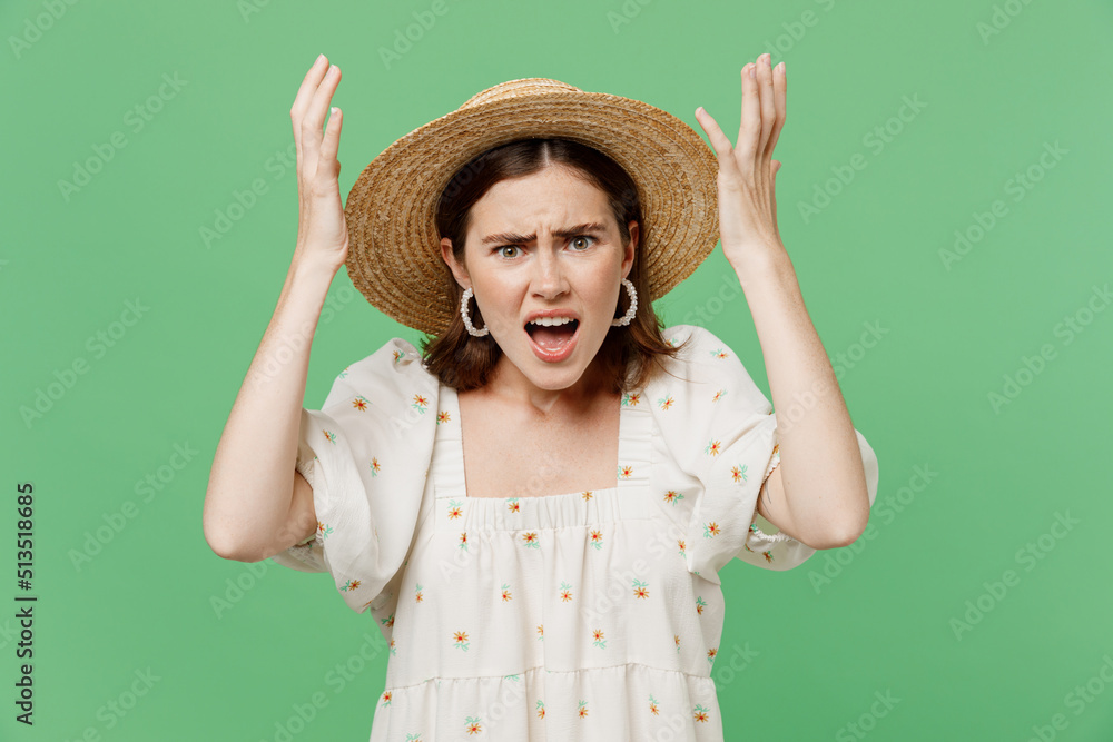 Young sad angry mad furious abuser woman she 20s wears white dress hat ...