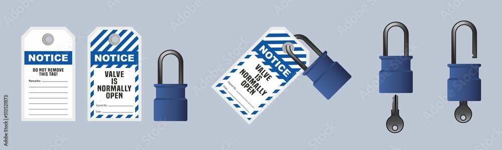 Lock out, tag out with a notice tag vector illustration. Notice and ...