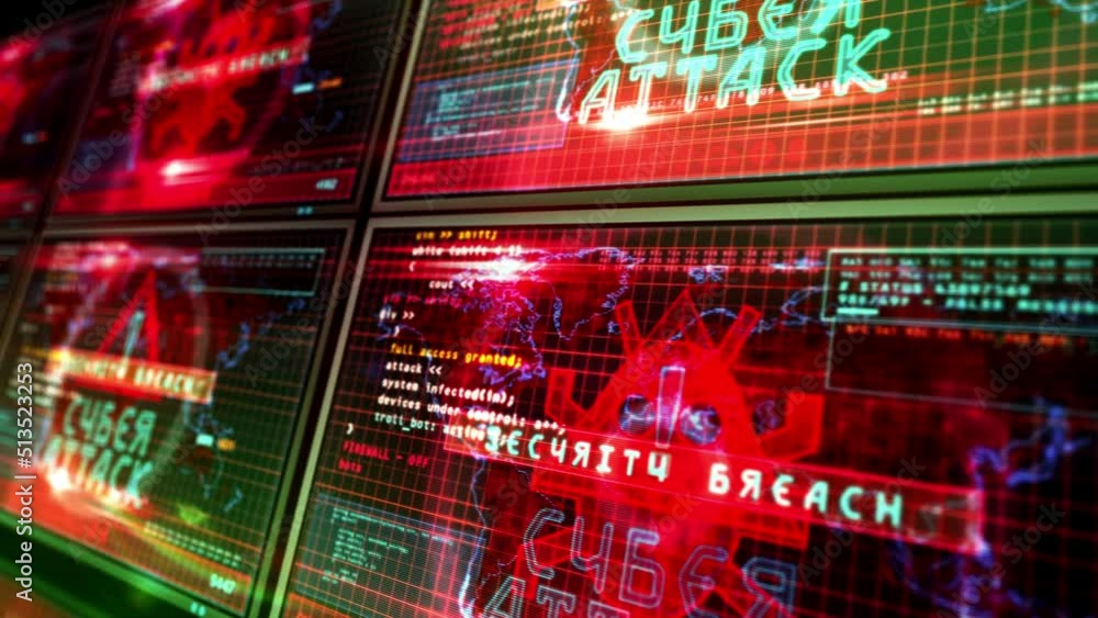 Cyberattack message on moving computer screens loop. Cyber attack, security breach and russian ...