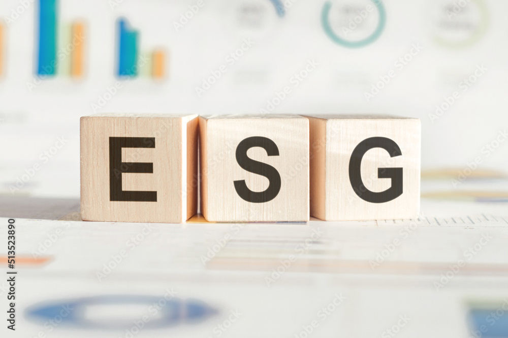 Wooden cubes with the letter from the ESG word. ESG - short for ...