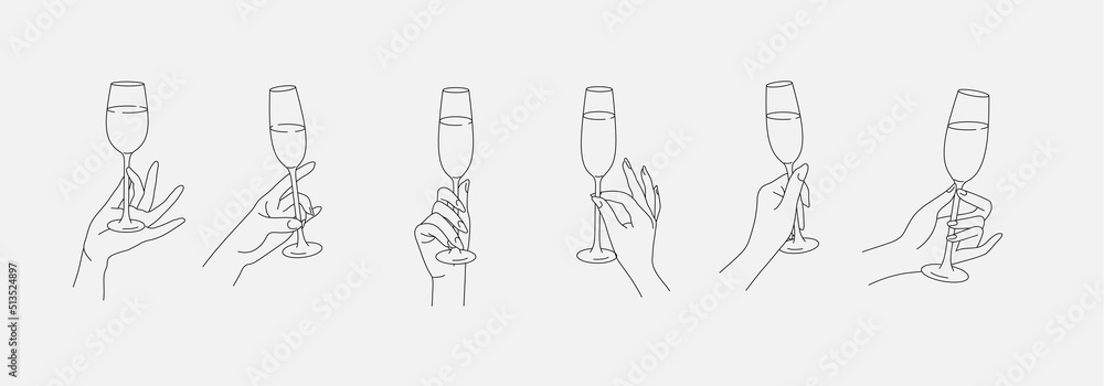 Collection of different woman hands gestures hold wineglass or drink ...