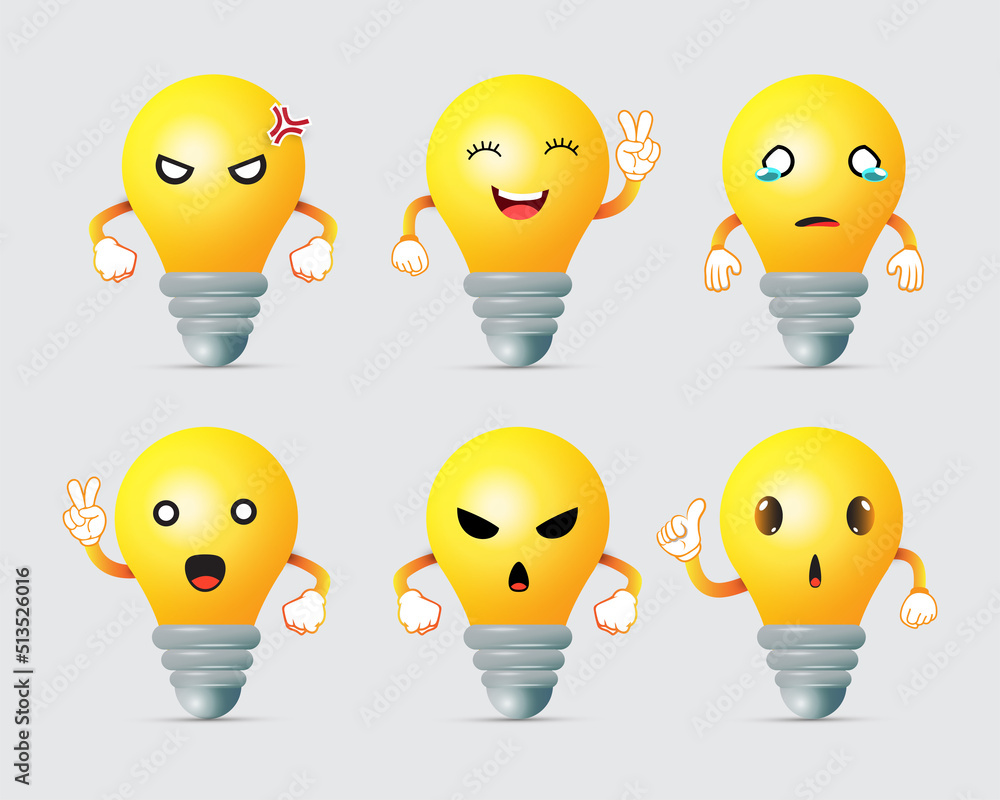 Collection of lamp light bulb cartoon character design icon Stock ...