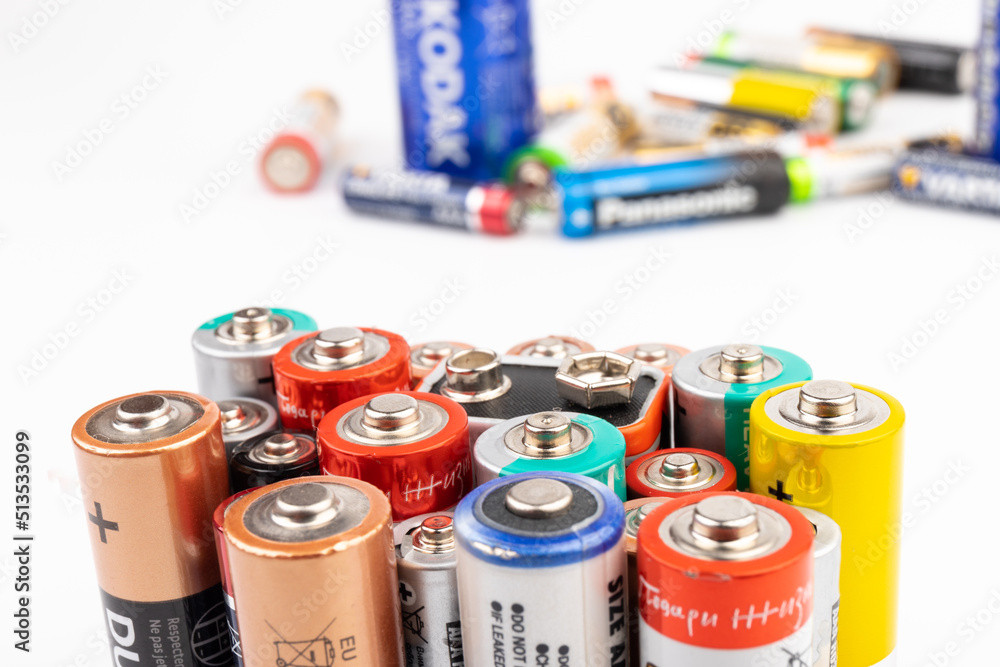 Moscow, Russia - June 25, 2022: Used alkaline batteries AA size format ...